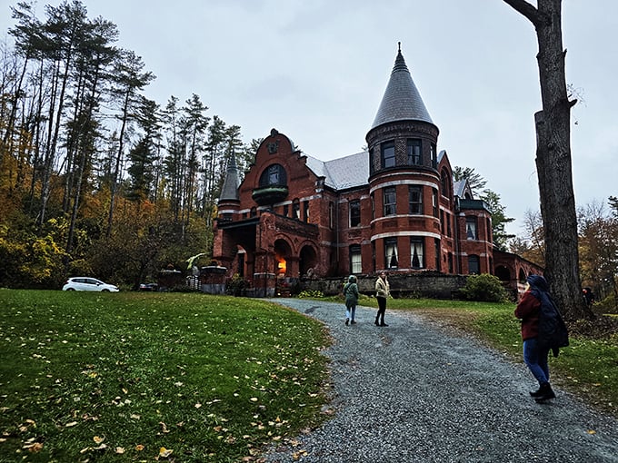 "Honey, I think we took a wrong turn at Albuquerque." Visitors approach the castle, half-expecting to see Dracula waving from a window.
