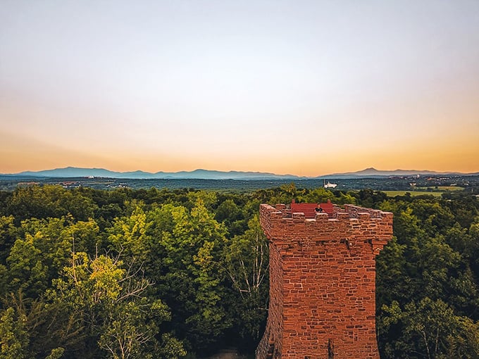 Sunset paints the tower in golden hues, proving that even after centuries, Ethan Allen still knows how to steal the show.