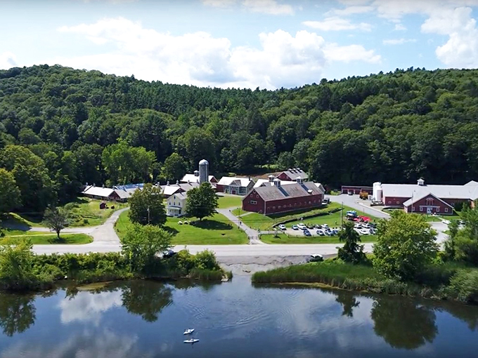 It's a bird's eye view of paradise! Retreat Farm spreads out like a patchwork quilt of barns, fields, and pure Vermont magic.