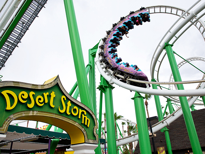 Hold onto your crowns! The Desert Storm coaster at Castles N' Coasters is a royal rush that'll have you screaming like a dragon-slayed knight.