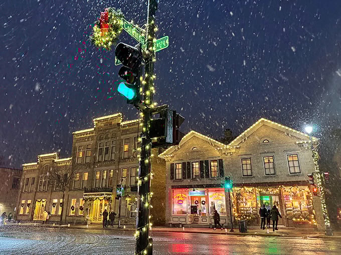 Detour to delight! Cedarburg's Washington Avenue is a pit stop for your eyes, with historic buildings dressed in their holiday best.