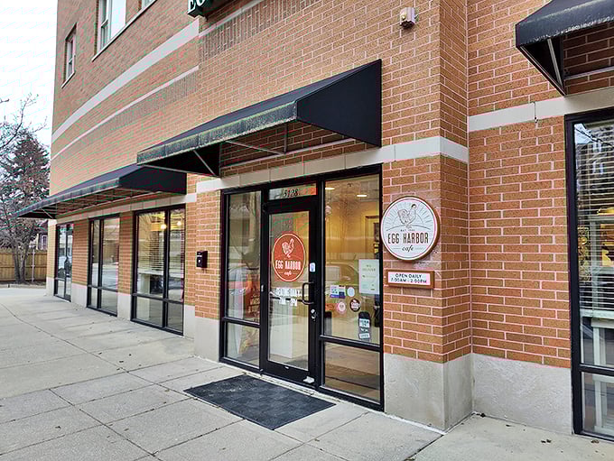 Welcome to egg paradise! Egg Harbor's cozy brick exterior promises a warm embrace of breakfast delights inside.