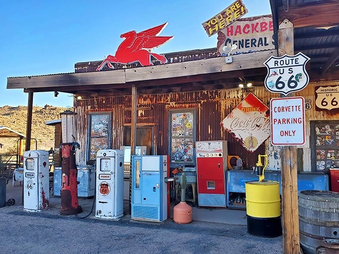 Time-travel central! This rustic facade is a portal to yesteryear, complete with vintage gas pumps and enough nostalgia to fuel a DeLorean.