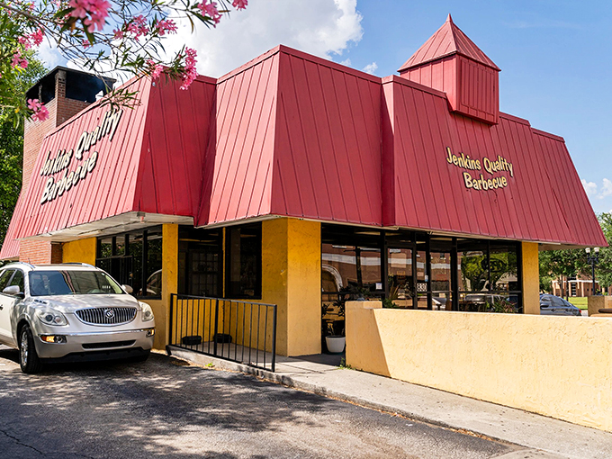 Red alert! Jenkins' BBQ is like a beacon of smoky goodness. It's where sauce-stained shirts are badges of honor.