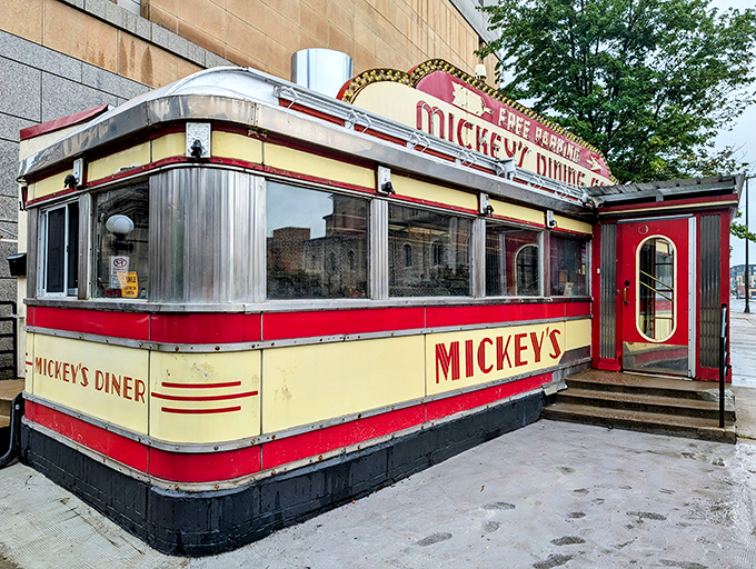 Step into a time machine disguised as a diner! Mickey's chrome exterior gleams with the promise of nostalgic delights inside.