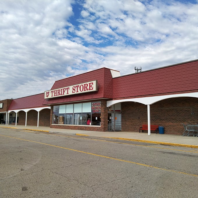 "Thrift Store" shouts the sign, like a siren call to bargain hunters. This red-brick wonderland promises treasures galore!