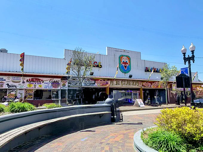 Step right up to retro fun! Palace Playland's vibrant facade is like a time machine to simpler, neon-lit days.
