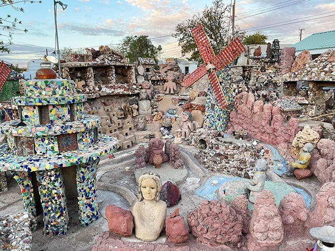  "Whoa, did Picasso and a geologist have a wild party here?" A kaleidoscope of colorful stones and quirky sculptures create a fever dream in the desert.