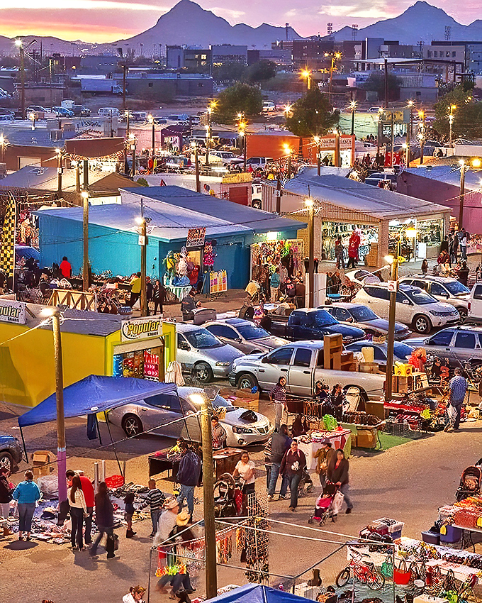 Twilight transforms this Tucson swap meet into a twinkling treasure trove. It's like a garage sale threw a party and invited the whole neighborhood!
