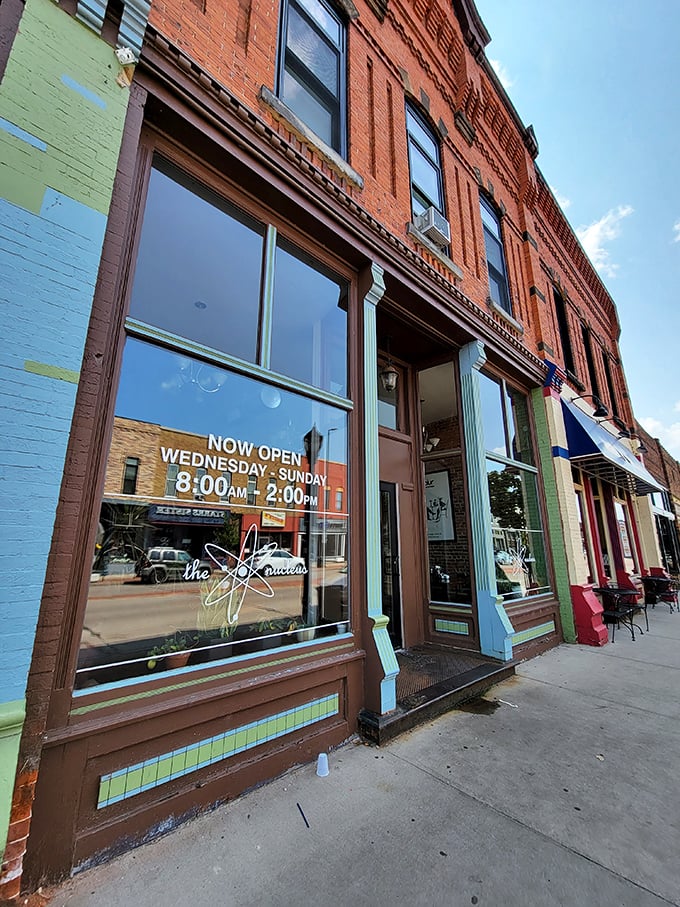 Welcome to breakfast nirvana! The Nucleus's storefront promises atomic-level deliciousness inside.