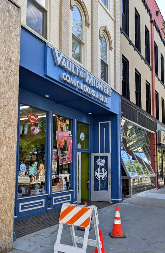Holy comic book heaven! Vault of Midnight's blue facade is like a portal to a world of four-color fantasies.