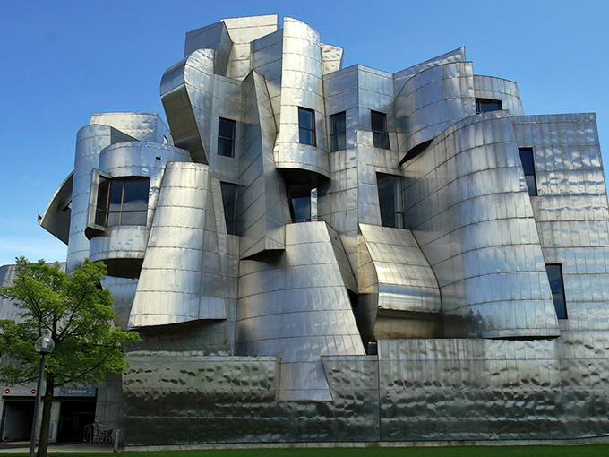 A metallic fever dream come to life! The Weisman's shimmering facade reflects Minneapolis's skyline like a funhouse mirror on steroids.