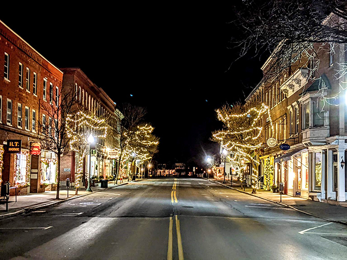 Woodstock's Main Street: Where Norman Rockwell meets Clark Griswold. Twinkling lights transform this quaint town into a winter wonderland.
