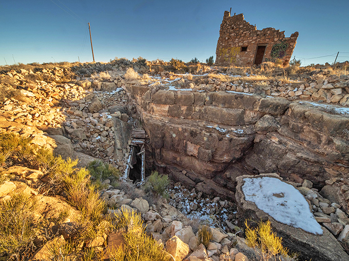 Nature reclaims history: Desert flora embraces the remnants of a bygone era at Apache Death Cave.