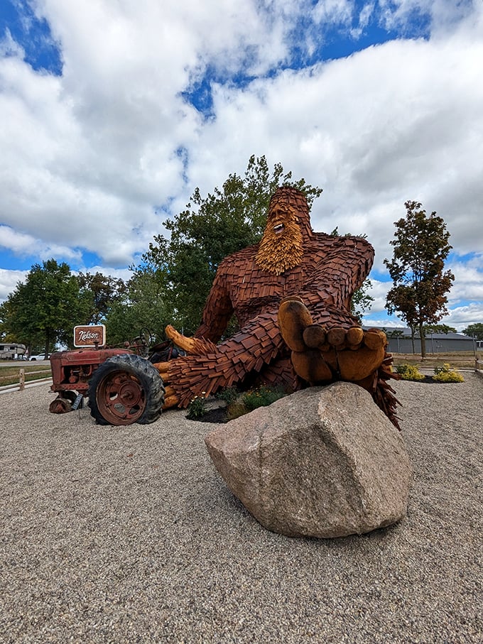 "Forget bird-watching, it's Sasquatch-spotting season in Celina. No binoculars needed for this towering timber titan!"