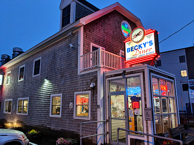 Becky's Diner: Neon dreams and comfort food schemes! This Portland icon glows with promise, even in the twilight hours.