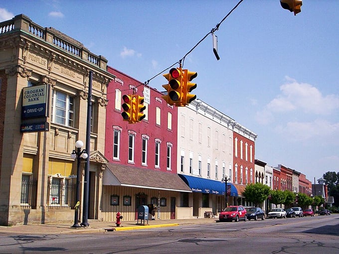 Autumn in Clyde: Nature's own Instagram filter. Golden leaves frame historic storefronts, creating a scene so quaint it's practically begging for a postcard.
