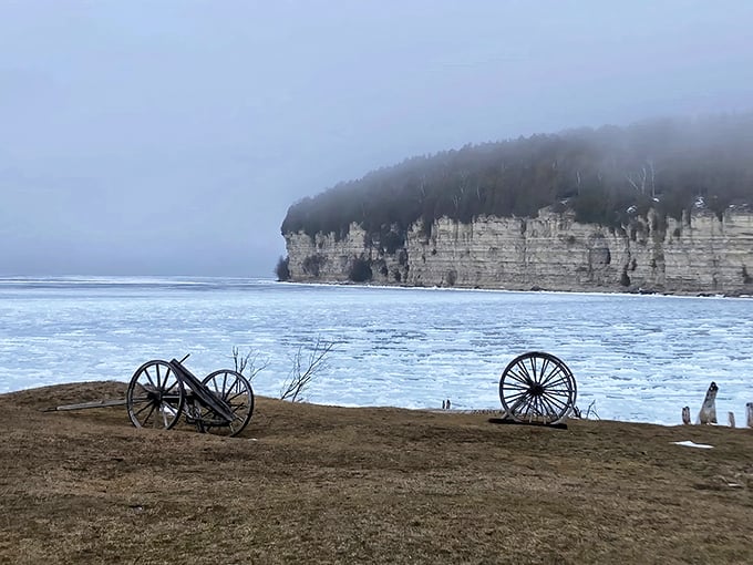 Lake Michigan's hidden gem: Where nature and history collide in a picturesque dance of limestone cliffs and rustic charm.