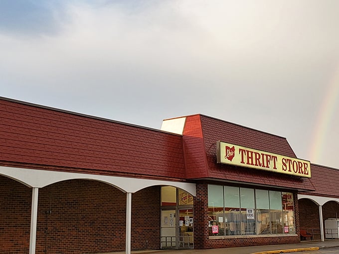 A rainbow peeks out, nature's own "SALE" sign. Is it leading to a pot of vintage gold inside?