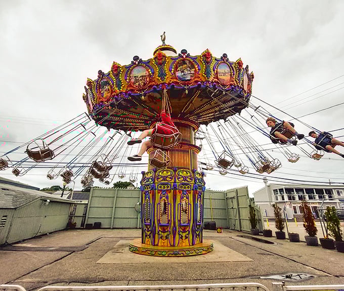 Whirl into nostalgia! This colorful swing ride at Palace Playland promises more spins than a politician's speech.