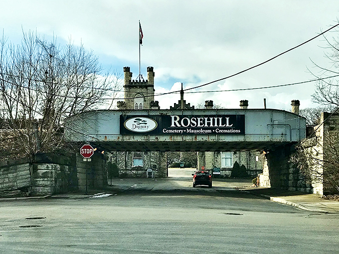 Welcome to the Rosehill time machine! This grand entrance whisks you back to Victorian-era Chicago, minus the horse-drawn carriages and questionable plumbing.