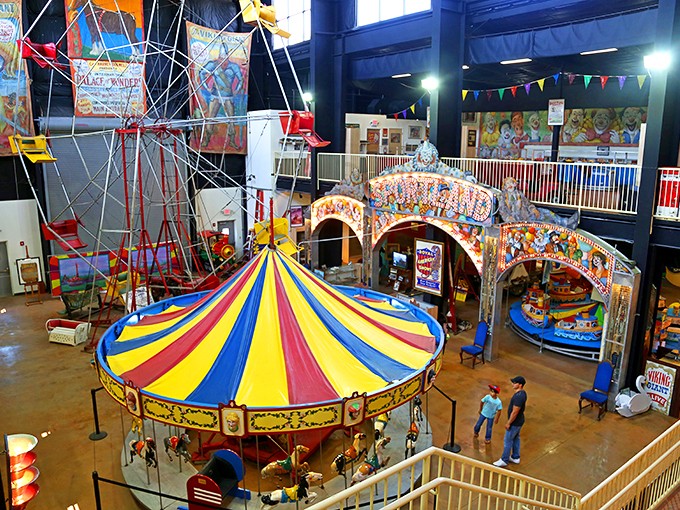 Inside, a kaleidoscope of vintage rides and games awaits, ready to spin your nostalgia into cotton candy.