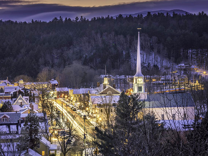 Navigate to nirvana: Stowe's snowy streets and twinkling lights are worth a U-turn on your holiday adventure.