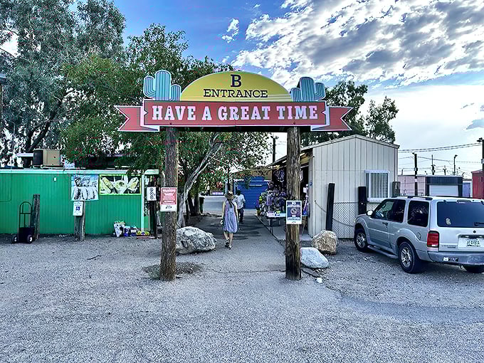 "Have a great time," the sign promises, and boy, does it deliver! This swap meet is where bargains and adventure collide under the Arizona sky.