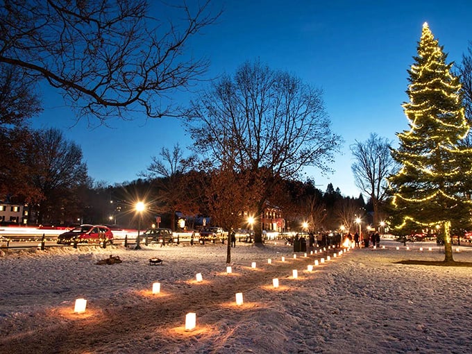 Luminaries light the way to holiday magic. Woodstock's town green becomes a festive fairyland, complete with a tree to rival Rockefeller Center.