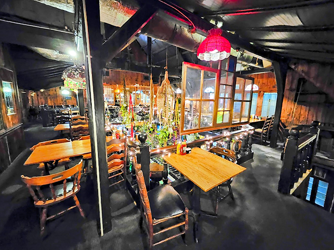 Upstairs intrigue: Where rustic meets chic. This dining area's got more character than a Wes Anderson film set.