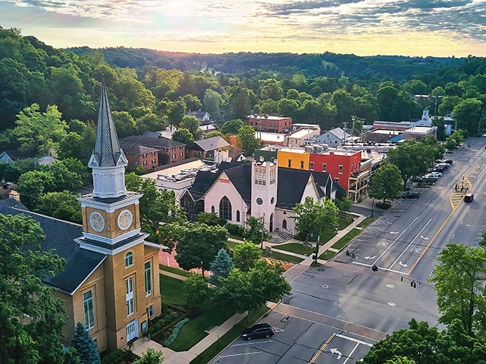 Granville from above looks like a movie set director's dream of small-town America. Church spires, tree-lined streets, and a town square straight out of "Back to the Future."