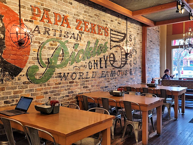 Step inside and feast your eyes on the "World Famous" wall art. It's like walking into a pickle-lover's dream, complete with rustic charm.