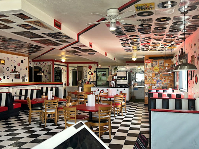 Step into a diner dreamscape where vinyl records rule the ceiling and checkered floors transport you to a tastier era.