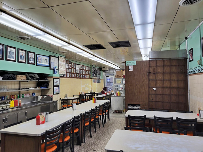 Step into a time capsule of culinary nostalgia. This mint-green haven whispers tales of late-night feasts and friendly banter.