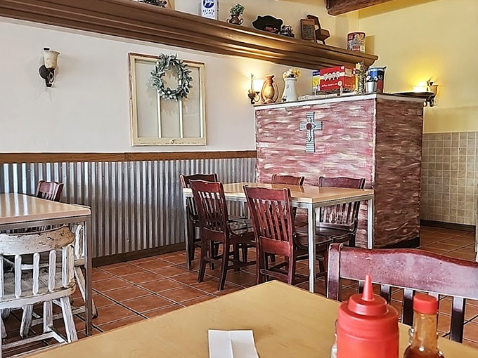 Rustic chic meets down-home comfort in this dining area. It's like your cool aunt's kitchen got a Pinterest makeover, but kept all the warmth.