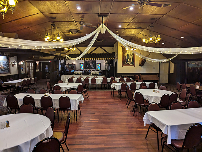 Step into a time capsule of gem&uuml;tlichkeit! The Dorf Haus dining room, where lederhosen meets Midwest charm, and every meal feels like Oktoberfest.