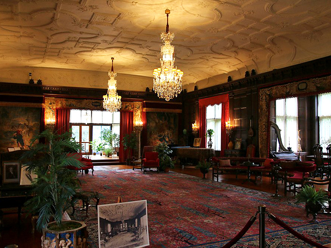 "Chandeliers that could make Liberace blush!" Step into a world where opulence reigns supreme, with intricate ceilings and rich tapestries that scream "old money whispers."