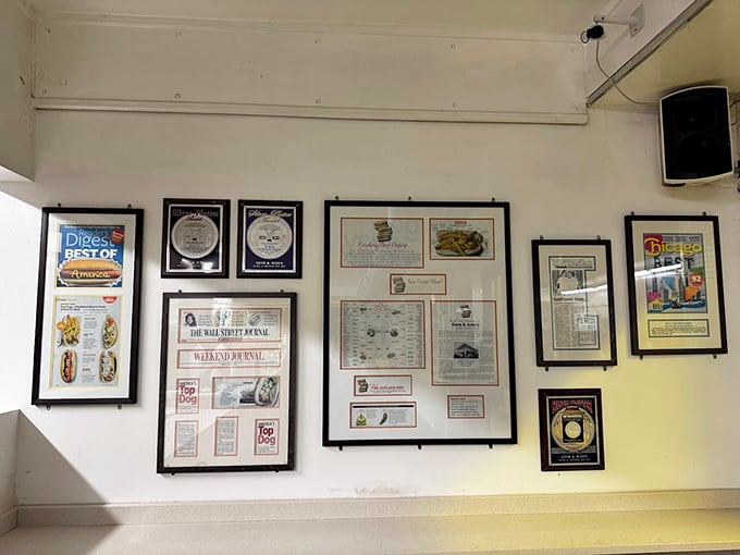 Wall of fame or hall of flavor? Gene & Jude's proudly displays its accolades, each one a testament to decades of deliciousness.