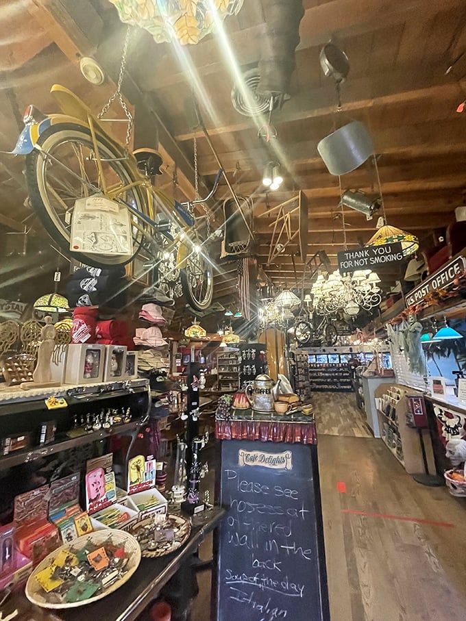Organized chaos or artistic genius? This ceiling could give the Sistine Chapel a run for its money, with bicycles and knick-knacks creating a whimsical wonderland.