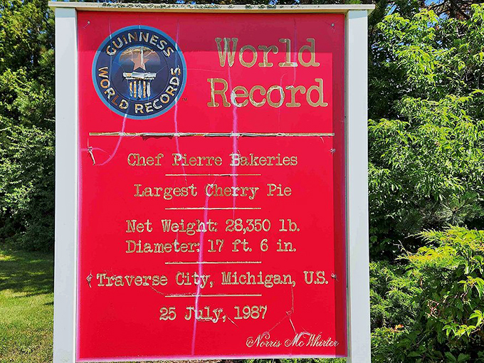 Guinness-certified greatness! This sign proves that sometimes, breaking records is as easy as pie &ndash; if your pie weighs 28,350 pounds.