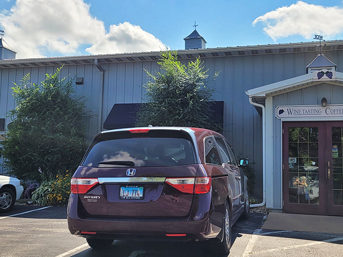 "Wine tasting this way!" The entrance beckons like a portal to Napa Valley, minus the California traffic. Time to trade your John Deere for some Chardonnay!