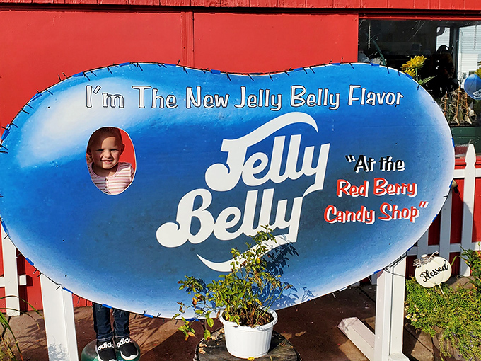 Jelly Belly's new flavor? Pure happiness! This whimsical sign promises a world of colorful delights waiting just beyond those doors.