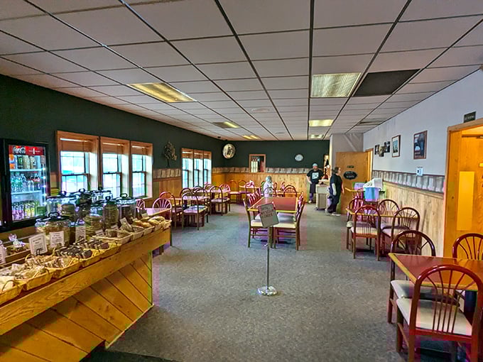Step inside and feel the nostalgia wash over you. With its cozy charm and red-backed chairs, this dining room is where memories are made and diets go to die.