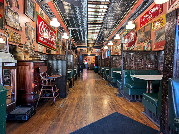 Nostalgia overload! This narrow corridor of Americana is where hot dog dreams come true and diet plans go to die.