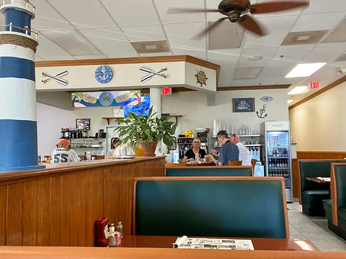 Ahoy, breakfast lovers! This nautical-themed interior is your lighthouse, guiding you to a sea of delicious possibilities.