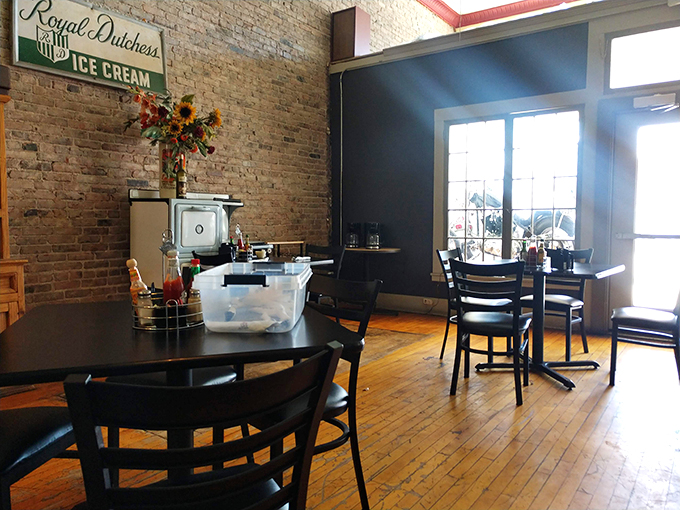 Step inside and travel back in time. This cozy interior could be the set of a classic diner scene in your favorite movie.