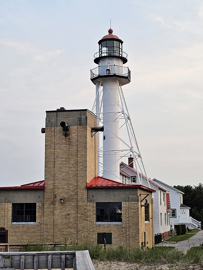 Brick meets beacon in this architectural tango. The lighthouse's skeletal frame dances with its sturdy companions, a testament to form and function.