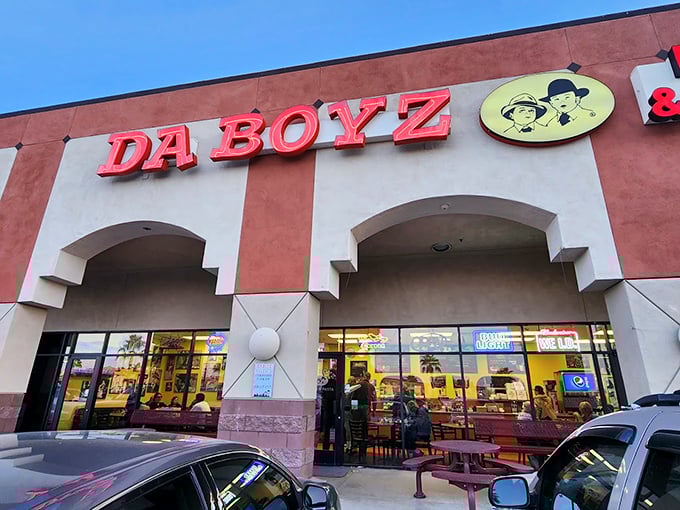 Lights, camera, pizza action! Da Boyz's neon sign glows like a beacon for hungry souls. It's not just a restaurant; it's a blockbuster experience for your taste buds.