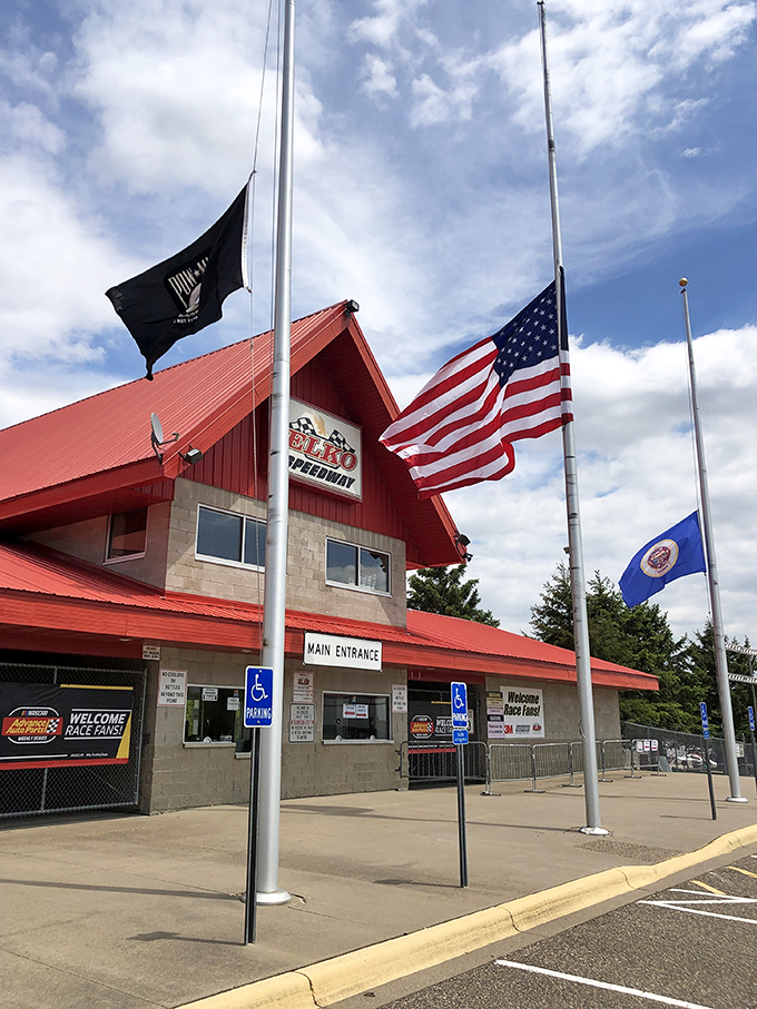 Stars, stripes, and speedways! The Elko Speedway's main entrance is as American as apple pie served on the hood of a NASCAR racer.