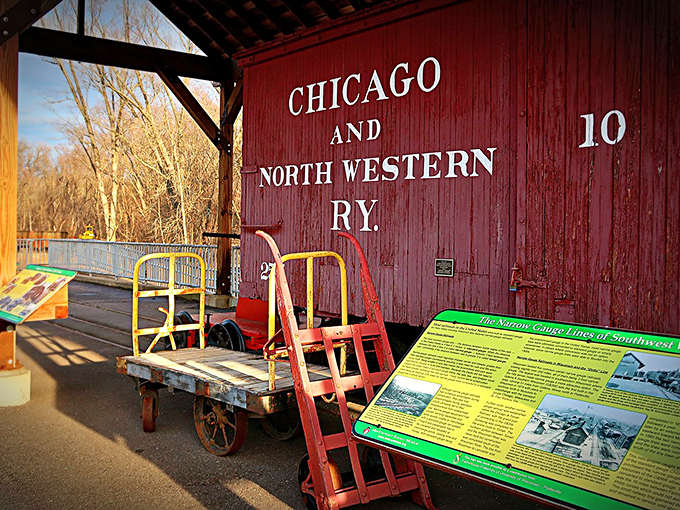 Step into a time machine disguised as a boxcar. This vibrant display brings the Chicago and North Western Railway's rich history to life.